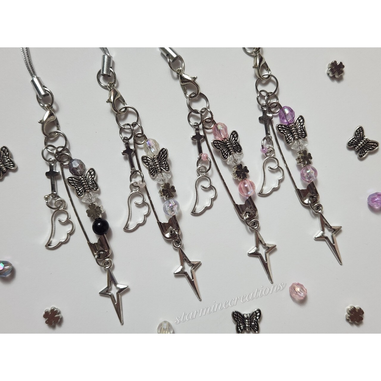 Safety Pin Wing Phone Strap ~ Beaded Keychain Charm Gothic Dainty Alt ...