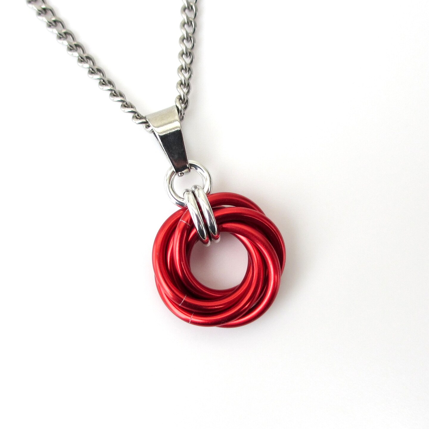 Red chainmail love knot pendant necklace, small, simple minimalist ...