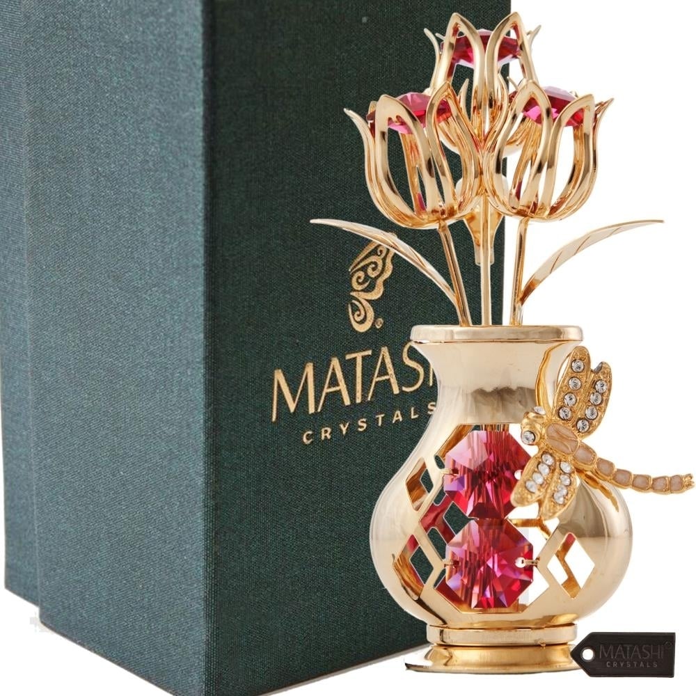 Matashi 24K Gold Plated Flower Ornament In Vase W/ Decorative Dragonfly ...