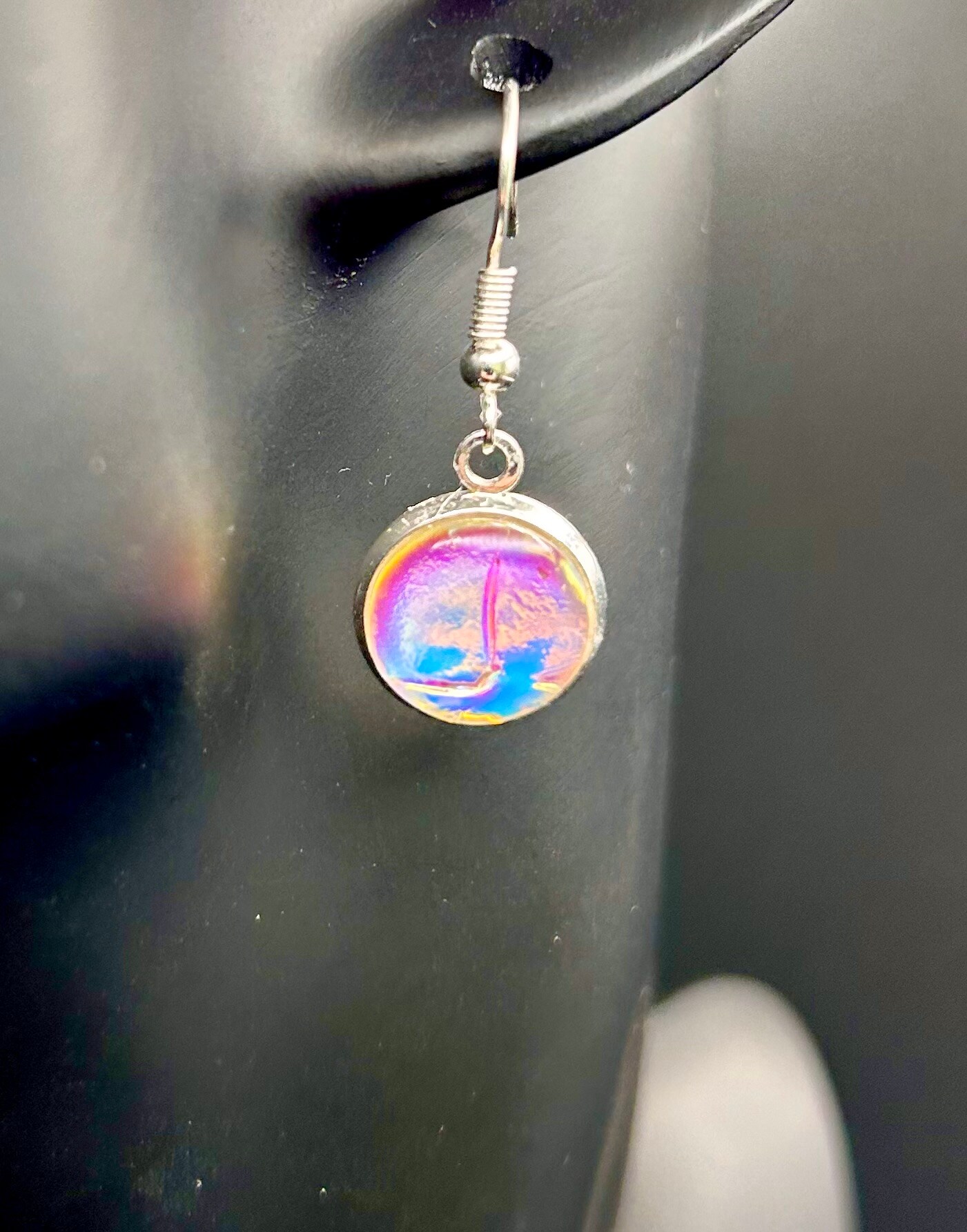 White holographic faux leather earrings in half inch silver bezel ...