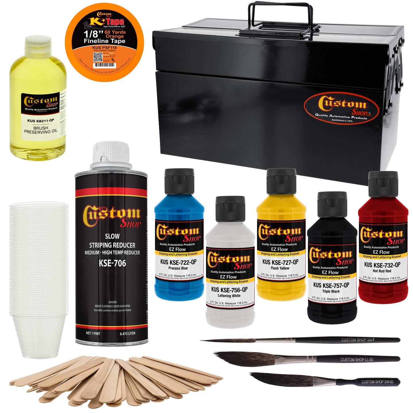 Pinstriping Deluxe Box Kit - 5 Colors, Tape, Reducer, Brushes, Mix ...