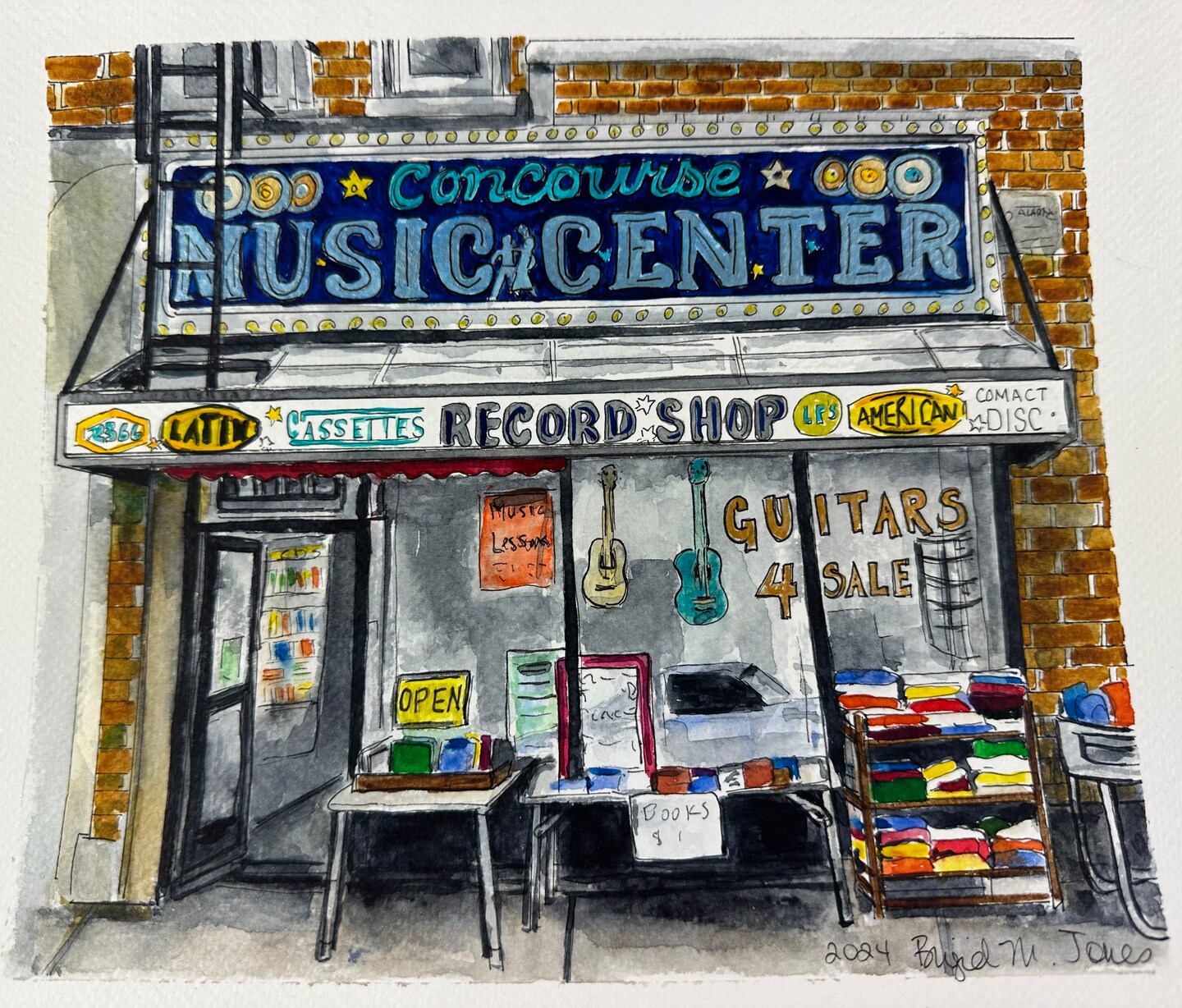 Original Watercolor Painting Music Guitar Record Store Building ...