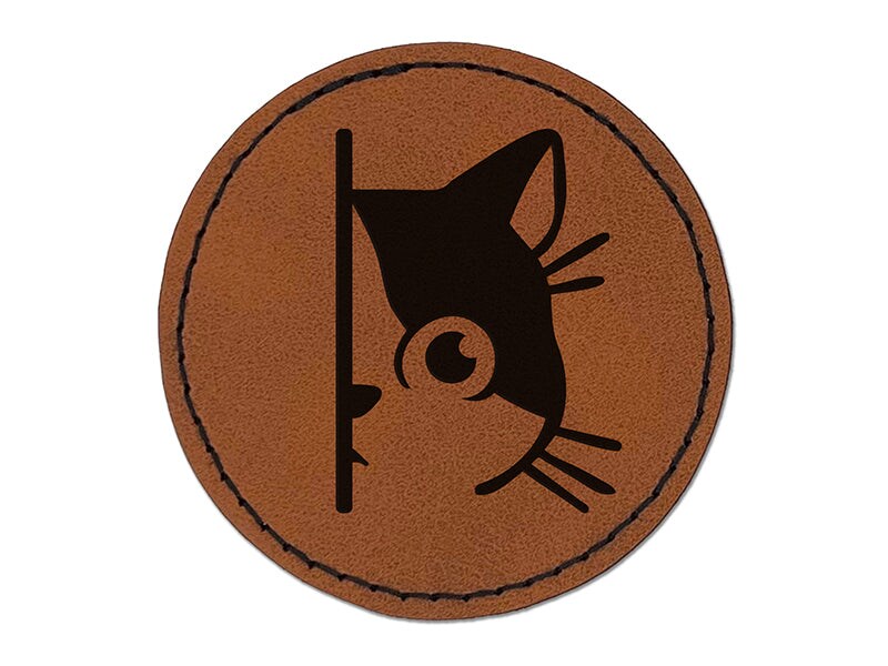 Curious Kitty Cat Hiding Peeking Around Corner Round Iron-On Engraved Faux Leather Patch ...