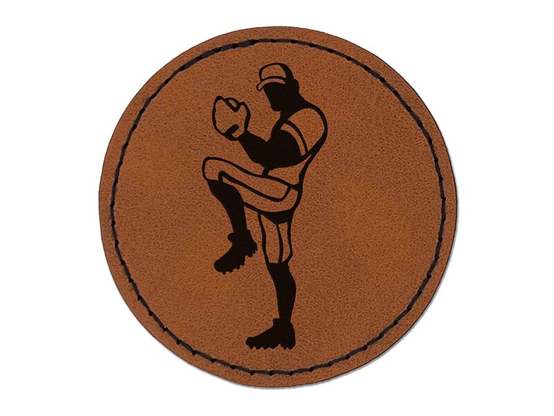 Baseball Softball Pitcher Winding Up Round Iron-On Engraved Faux ...