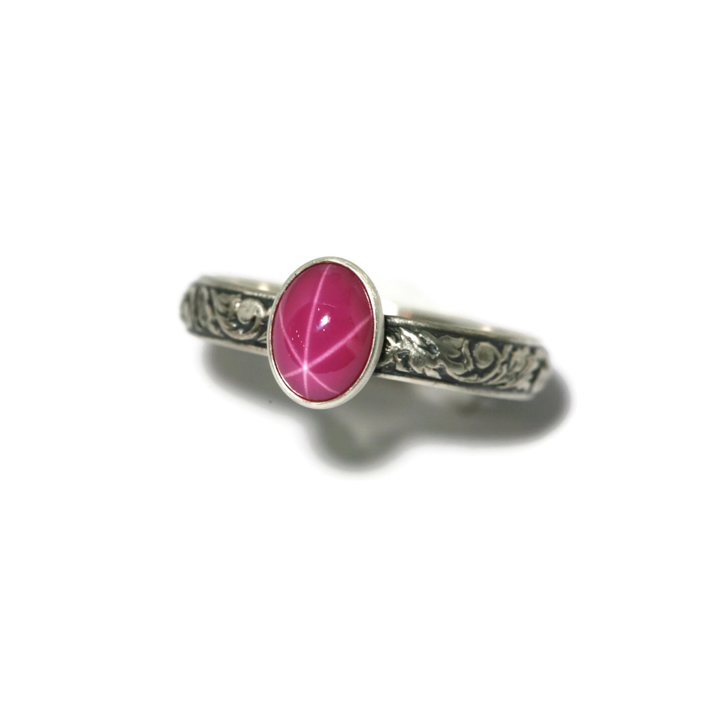 Medium Oval Created Pink Star Ruby Ring Vine Pattern Vintage Silver N-S ...