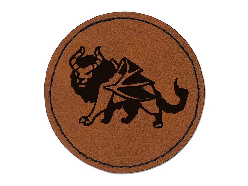 Manticore Greek Mythological Creature Beast Round Iron-On Engraved Faux Leather Patch Applique ...