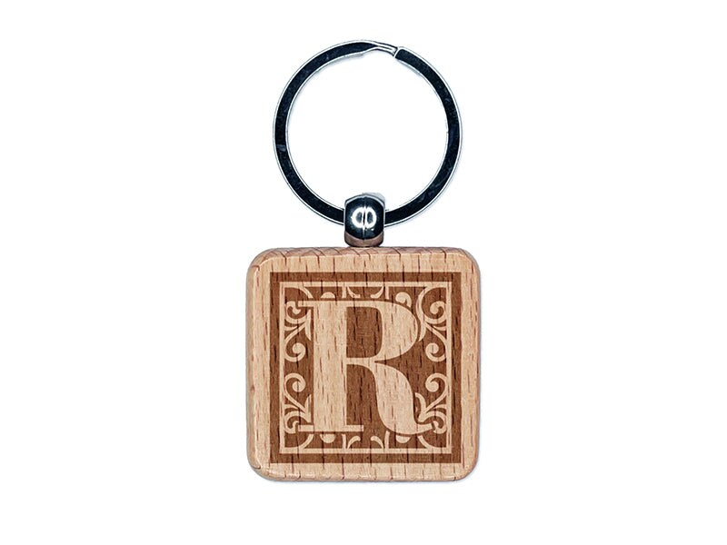 Monogram Swirls Capital Letter R Engraved Wood Square Keychain Tag ...