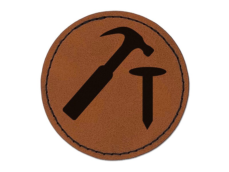 Hammer and Nail Construction Round Iron-On Engraved Faux Leather Patch ...