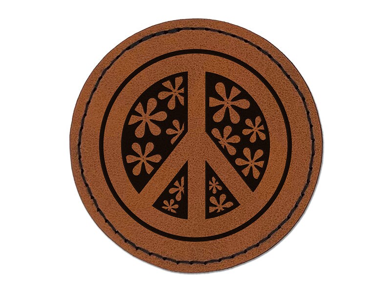 Peace Sign With Flowers Round Iron-On Engraved Faux Leather Patch ...