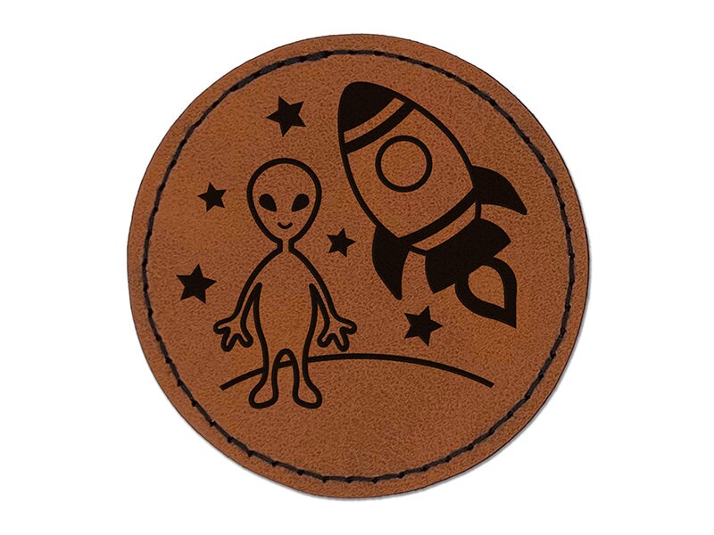 Alien and Rocket Space Round Iron-On Engraved Faux Leather Patch ...