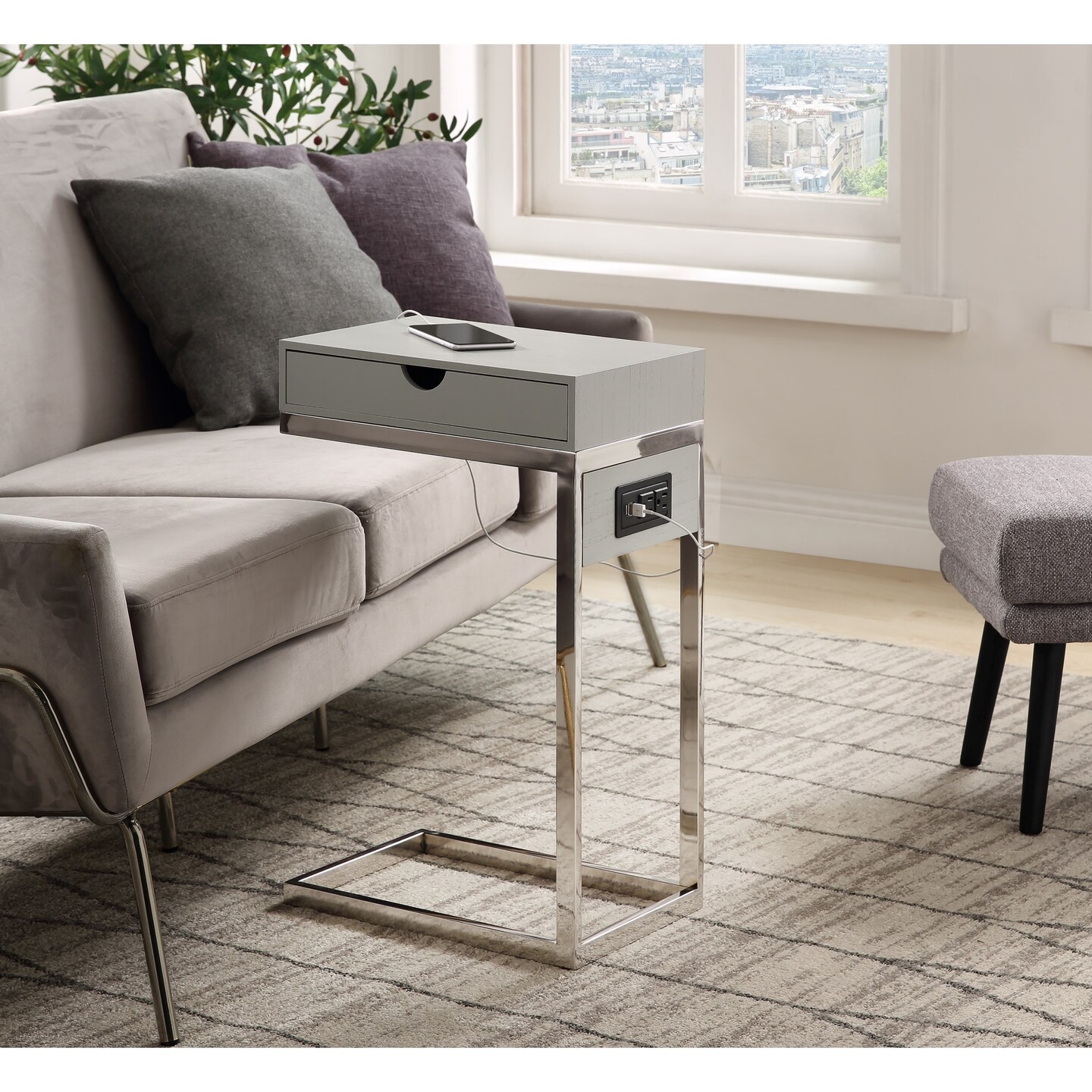 Magnus Chrome/Gold Base C-Table with Drawer, USB Port & Wall Plug ...
