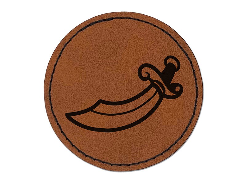 Scimitar Curved Pirate Sword Round Iron-On Engraved Faux Leather Patch ...