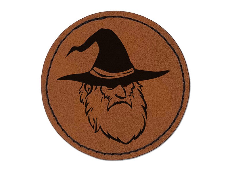 Wise Wizard Old Man Beard Hat Round Iron-On Engraved Faux Leather Patch ...