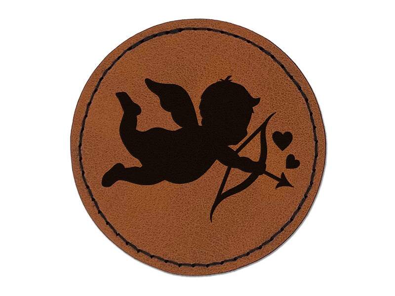 Cupid with Arrow Hearts Valentine's Day Silhouette Round Iron-On Engraved Faux Leather Patch ...