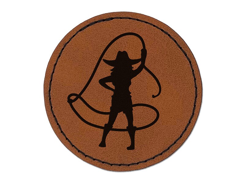 Rodeo Cowboy Woman Cowgirl Waving Lasso Around Round Iron-On Engraved ...