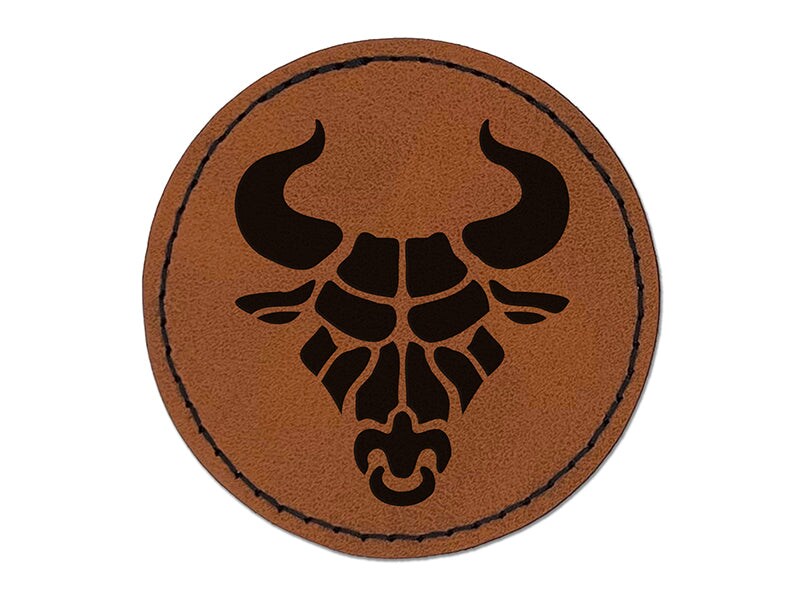 Angry Bull Cow Head with Horns Round Iron-On Engraved Faux Leather ...