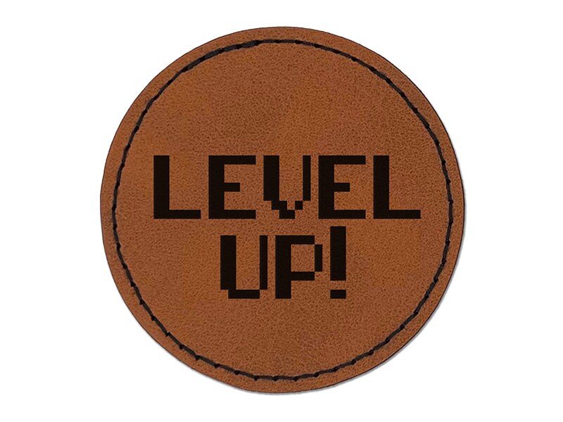 Level Up 8 Bit Digital Text Round Iron-On Engraved Faux Leather Patch ...