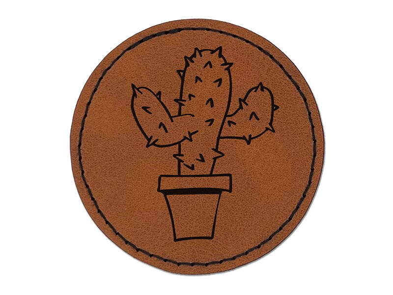 Cute Prickly Cactus Round Iron-On Engraved Faux Leather Patch Applique ...
