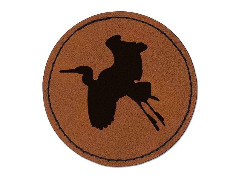 Stork Flying Solid Round Iron-On Engraved Faux Leather Patch Applique ...