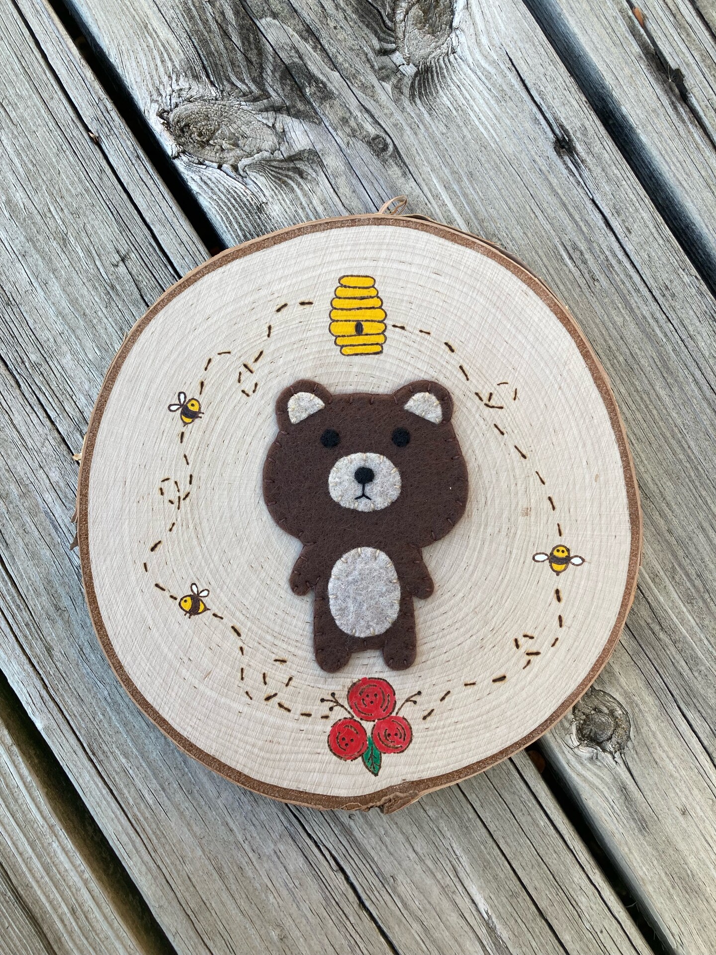 Rustic Felt Bear Plaque with Wood Burned and Painted Accents, Felt Bear ...
