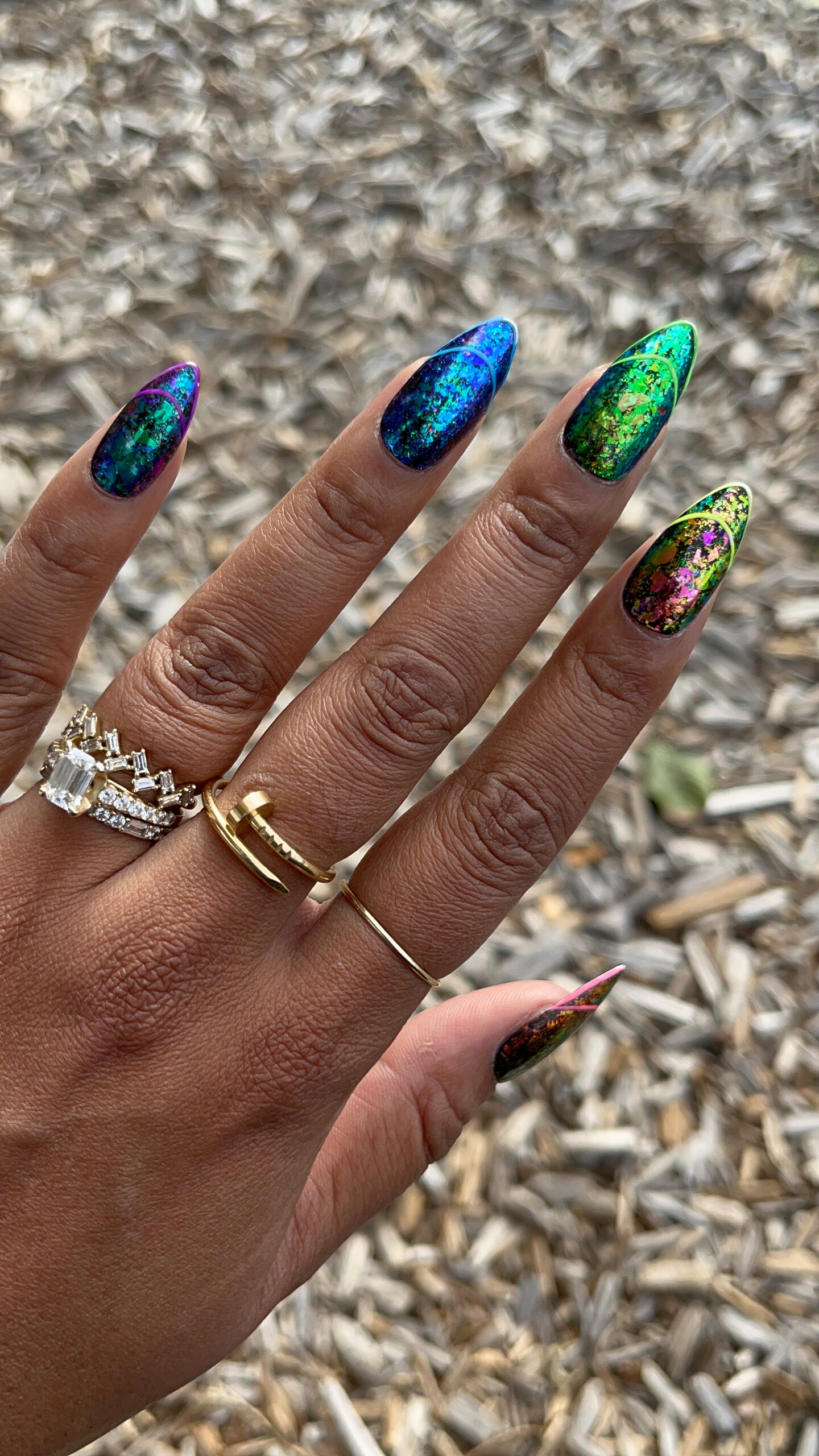 It's a Party - Chrome Chameleon Flake and Neon French Tip Press-On Nail ...
