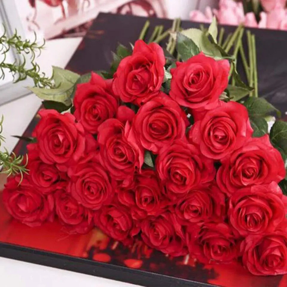 Red Silk Roses Artificial Flowers Realistic Bouquet Home Decor ...