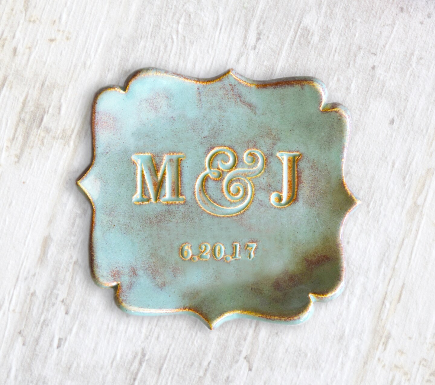 Custom Wedding Ring Tray Gold Monogram Plate Unique Personalize Pottery ...