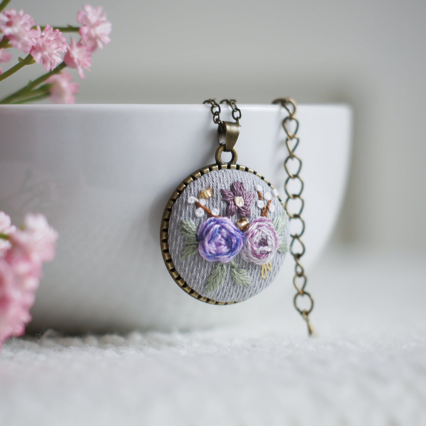 Purple Flowers Embroidered Pendant Necklace - Subtle Jewelry For Low ...