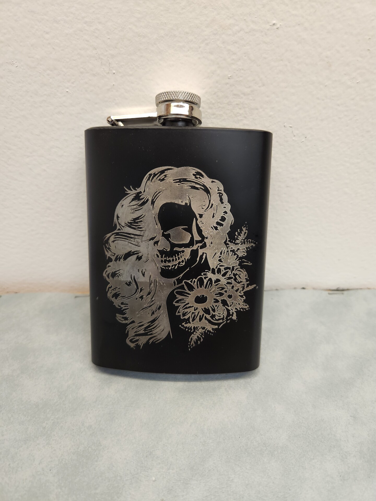 black flasks engraved, lady, woman skull, flowers, hand painted leather. 2 options | MakerPlace ...