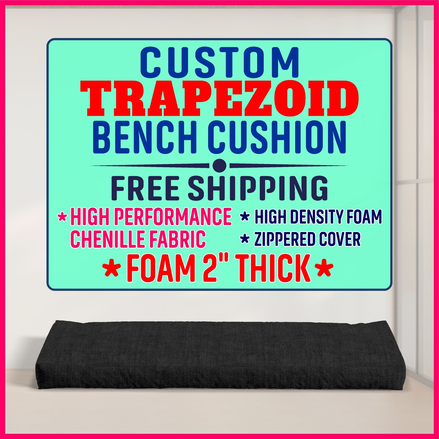 2" thick - Custom Bay Window Bench Cushion - TRAPEZOID SHAPE, ODD shape ...
