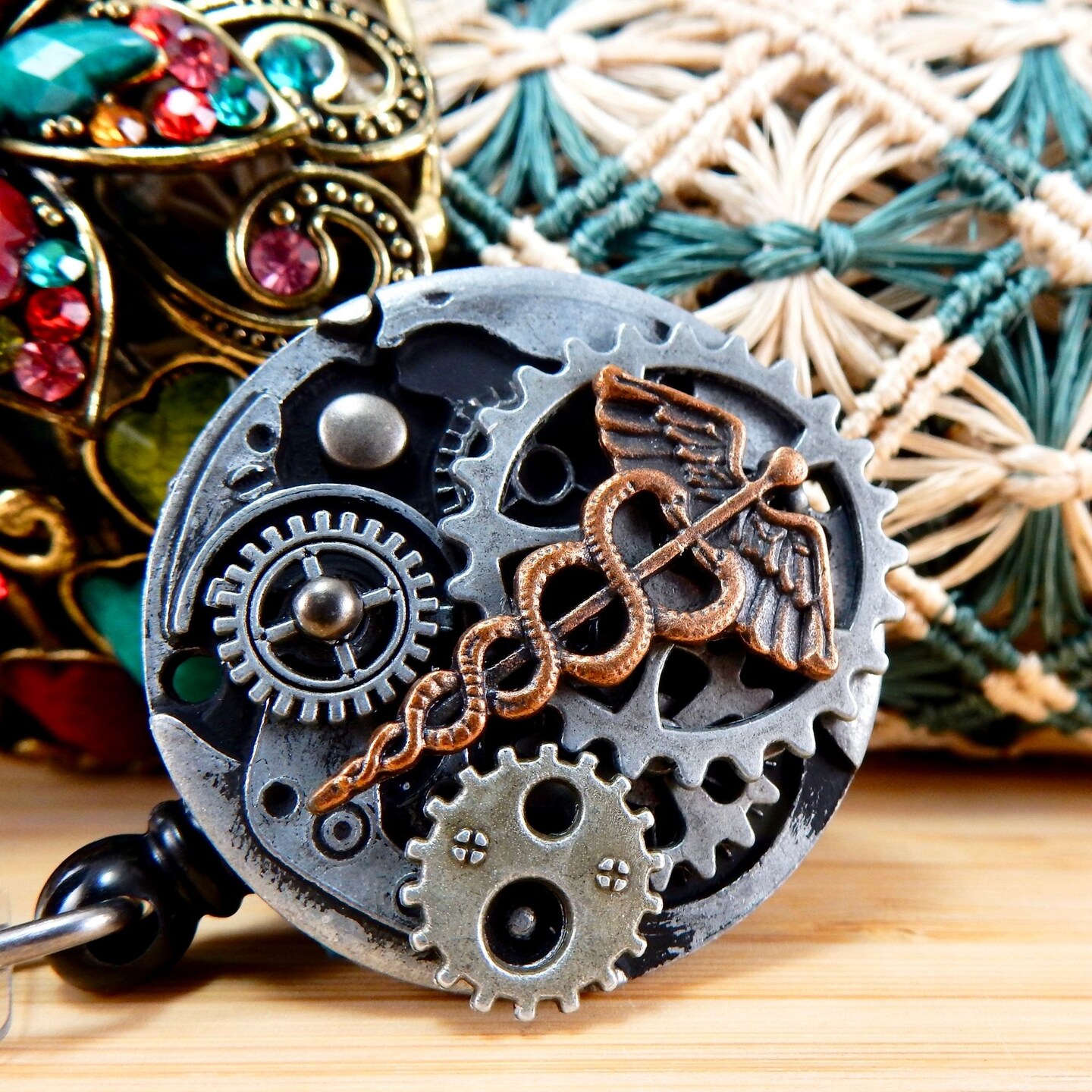 Caduceus ID Badge Reel, Steampunk Badge Holder for Nurse Scrubs, Pain ...