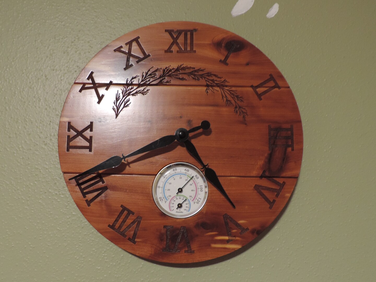 Cedar Engraved Wall Clock: Cedar Sprig design with Tempurature gauge ...