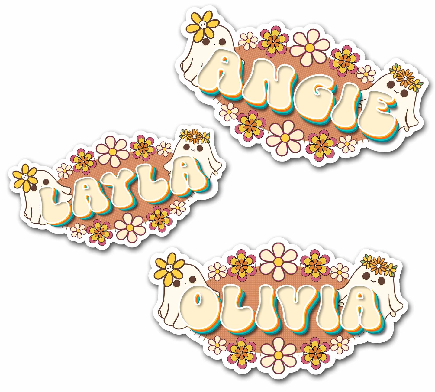 Retro Ghosts Name Sticker, Custom Text Sticker, Halloween Personalized ...