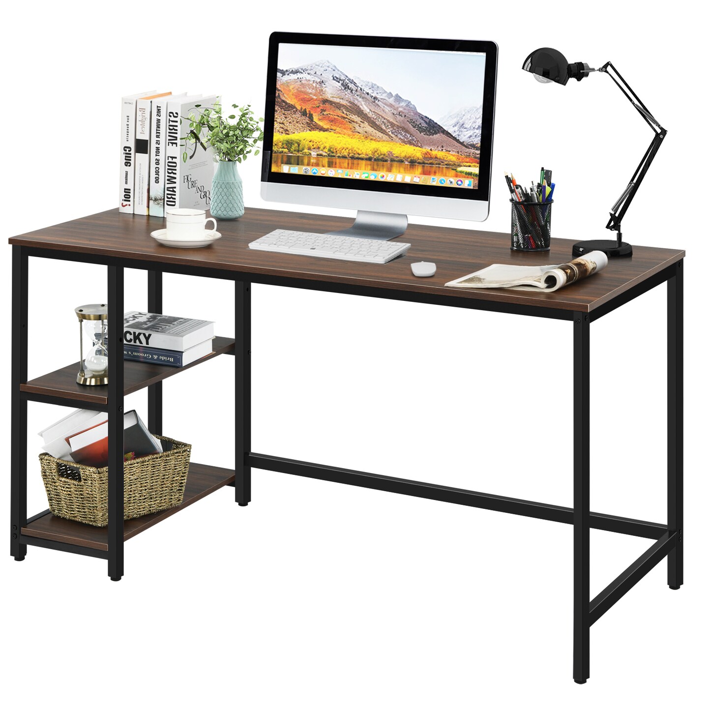 Costway 55 Computer Desk Office Study Table Workstation Home w Adjustable Shelf Black Coffee Brown