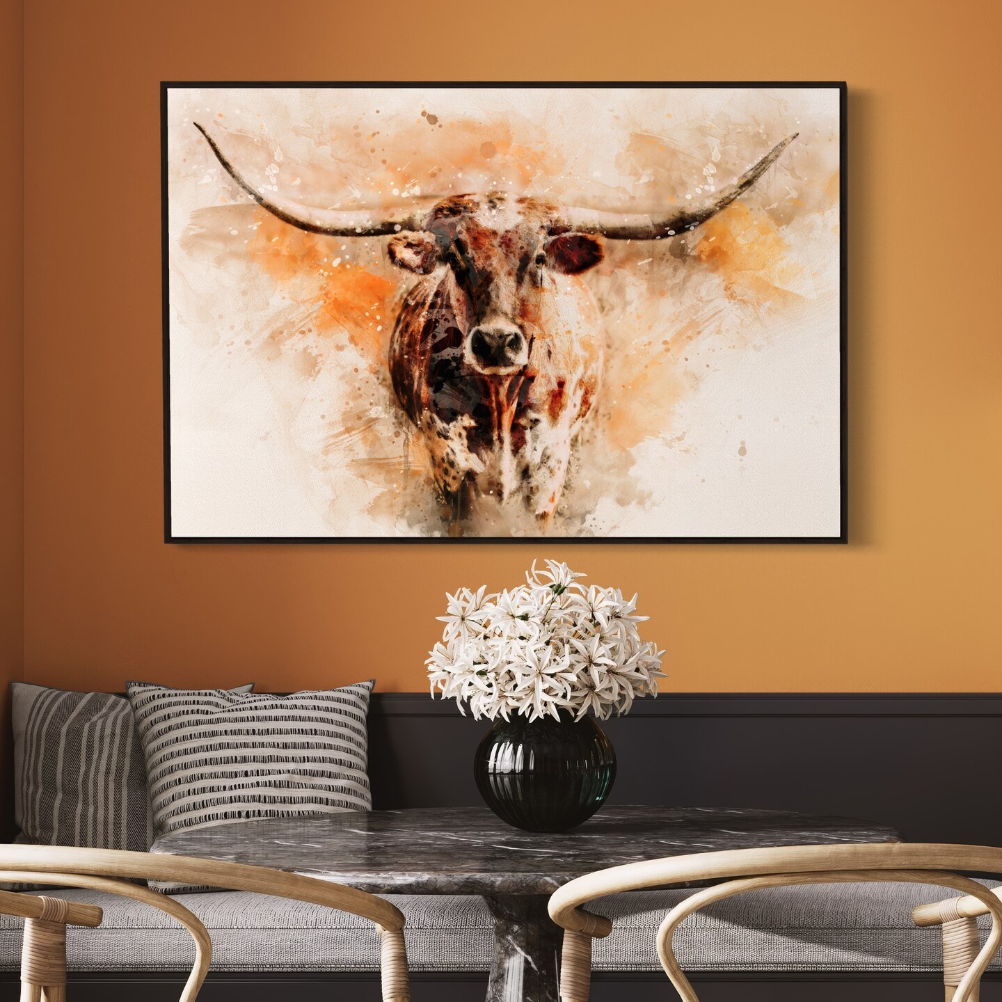 Modern Western Wall Art - Watercolor Longhorn Canvas - Art For Large ...