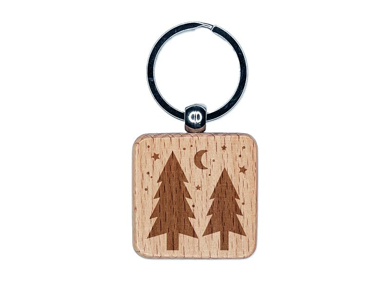 Evergreen Trees Night Sky Engraved Wood Square Keychain Tag Charm ...