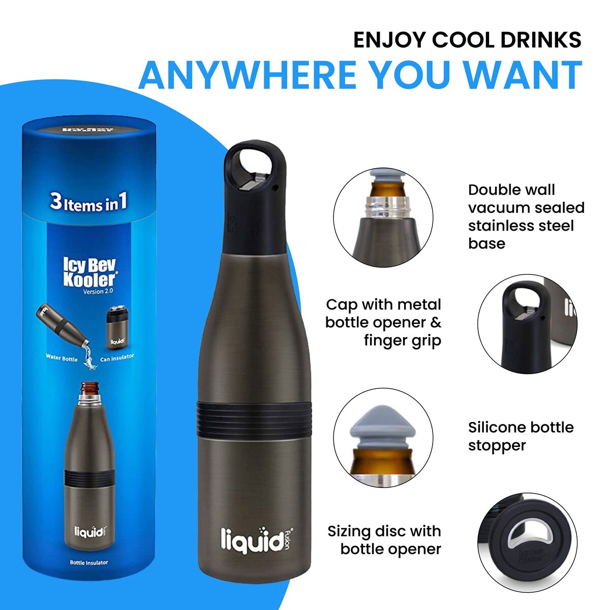 Icy Bev Kooler V 2.0 - (3 in 1 - Water Bottle, Bottle Insulator, and ...
