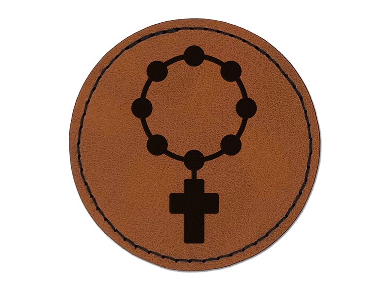 Rosary Catholic Symbol Round Iron-On Engraved Faux Leather Patch ...