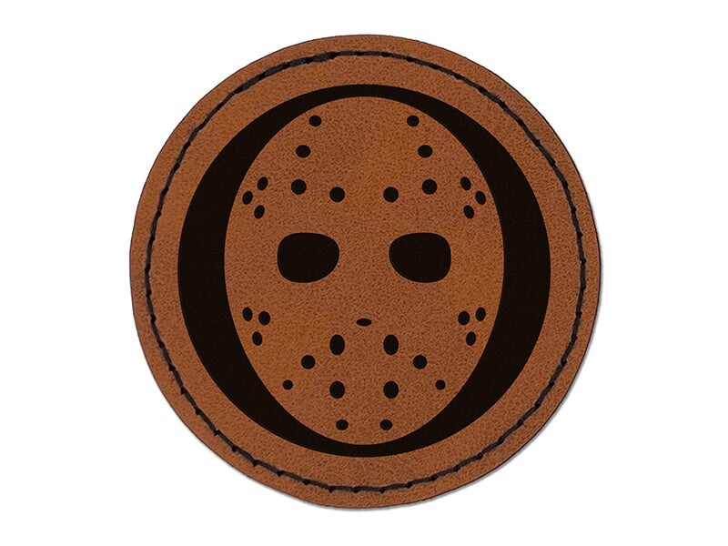 Hockey Mask Goalie Scary Halloween Round Iron-On Engraved Faux Leather ...