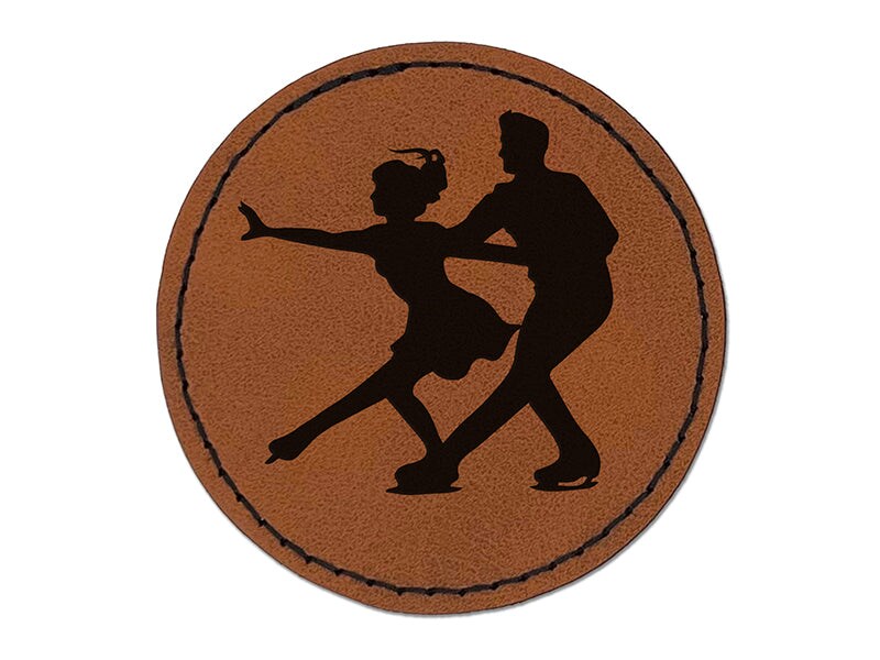 Figure Skating Couple Ice Skaters Round Iron-On Engraved Faux Leather ...
