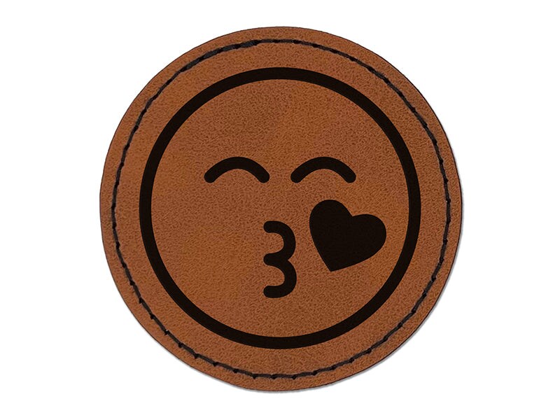 Kiss Face Heart Love Emoticon Round Iron-On Engraved Faux Leather Patch ...