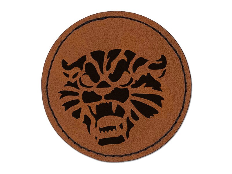Angry and Fierce Hissing Cat Round Iron-On Engraved Faux Leather Patch ...
