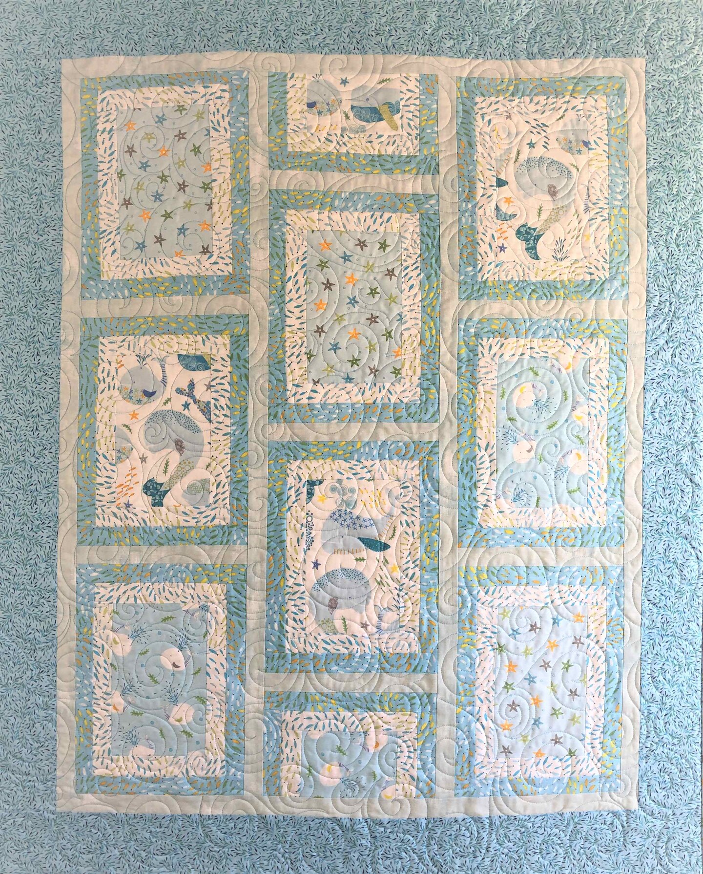 Ocean Quilt, With Whales, Fish, and Starfish, Blue and White, Handmade ...