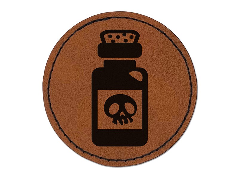 Poison Potion Bottle Round Iron-On Engraved Faux Leather Patch Applique ...