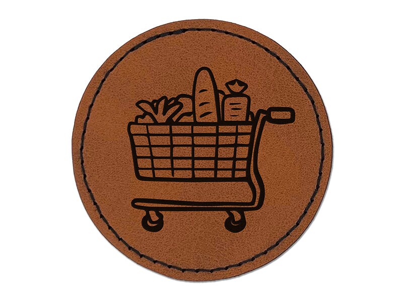 Shopping Cart Full Groceries Food Round Iron-On Engraved Faux Leather ...