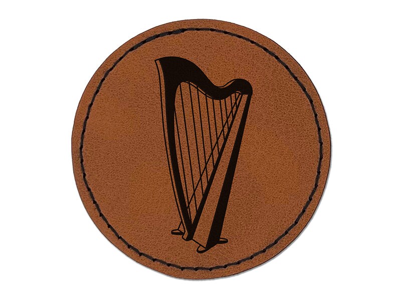 Harp String Instrument Round Iron-On Engraved Faux Leather Patch ...