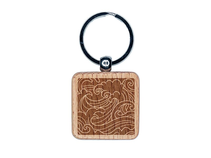 Japanese Ocean Waves Engraved Wood Square Keychain Tag Charm | Michaels