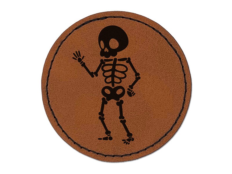 Cute Skeleton Waving Round Iron-On Engraved Faux Leather Patch Applique - 2.5" | Michaels