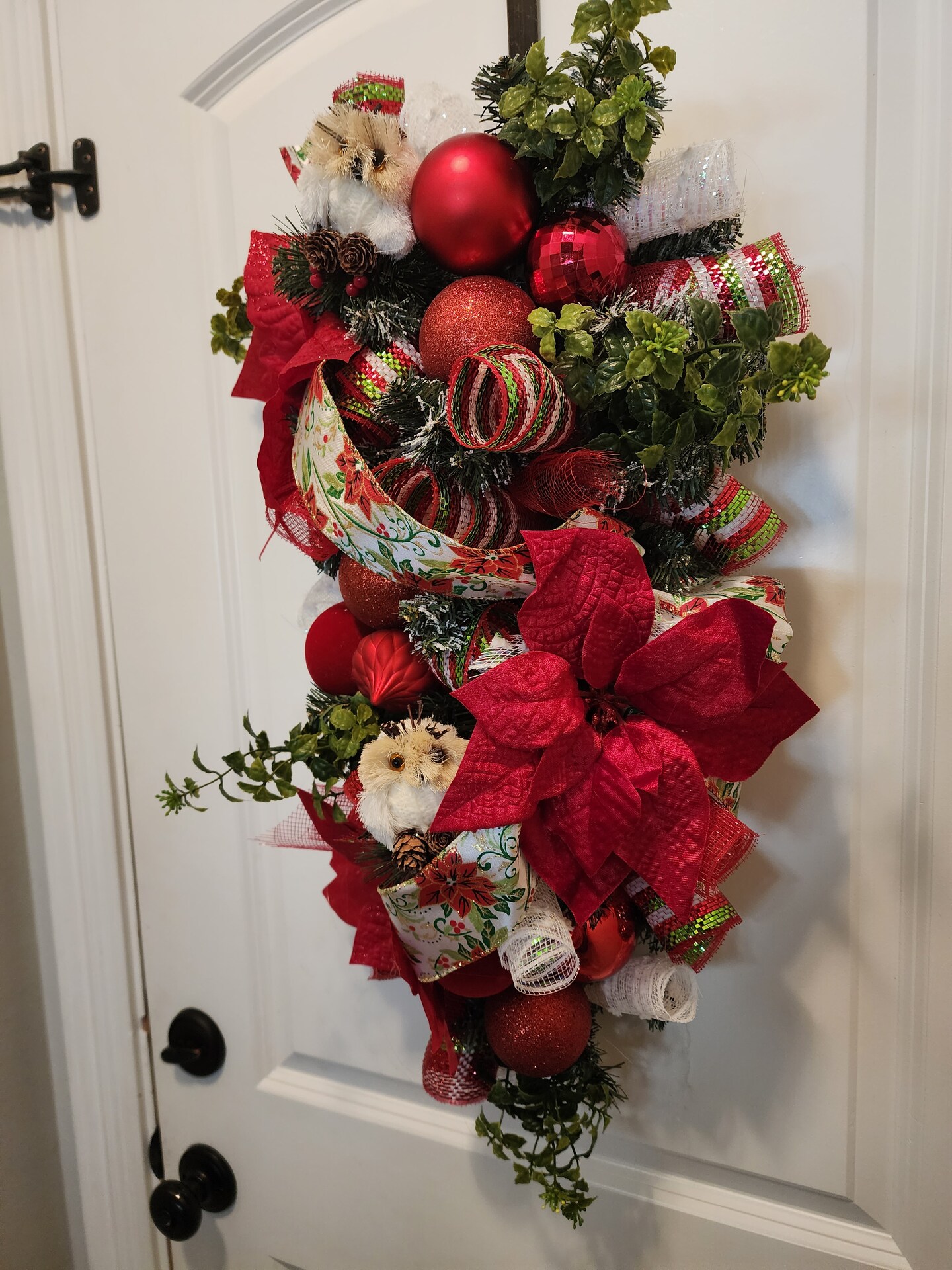 Christmas red poinsettias teardrop swag evergreen pine wreath swag door ...