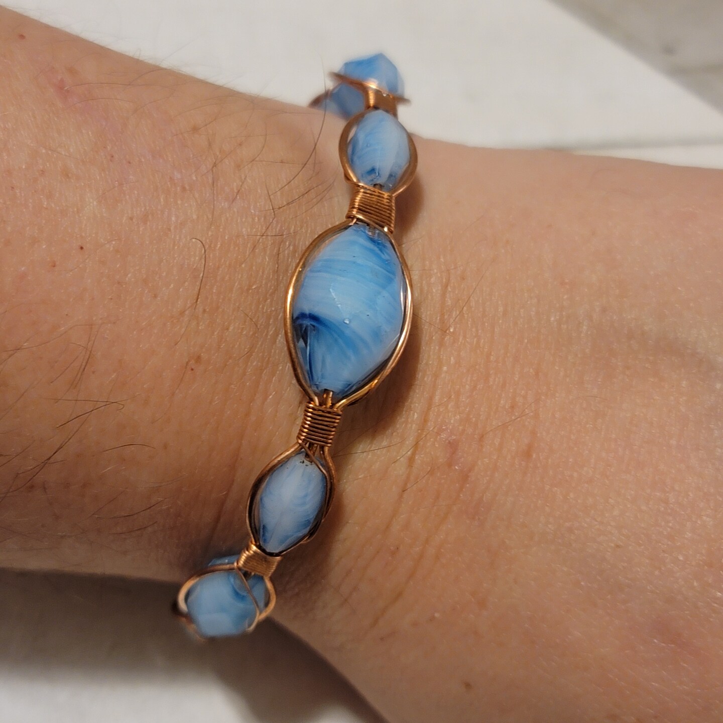 2- Handmade Baby Blue Glass Bead Copper Wire Bracelet (Upcycled Beads ...